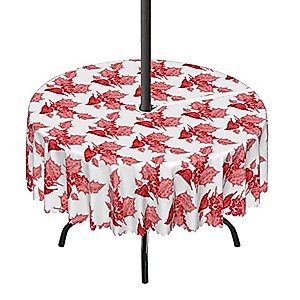 Cardinal Bird Pattern theme Outdoor Tablecloth Water Resistant Spillproof Table Cover with Zipper Umbrella Hole for Patio Garden Tabletop Decor,for outdoor umbrella table(60" Round,Dark Coral White)