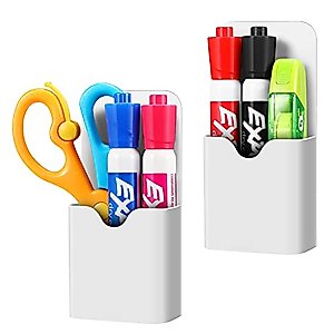 CASEBOT Magnetic Marker Holder, Pen Holder for Whiteboard or Fridge, Magnet Pencil Cup Storage Organizer for Office, Home, Locker and Metal Cabinets, 2 Pack, White