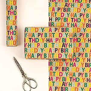 RUSPEPA Kraft Wrapping Paper Roll - Colorful Happy Birthday Pattern Great for Birthday, Party, Baby Shower - 17.5 Inches X 32.8 Feet