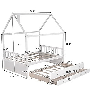 YuiHome Full House Bed with Trundle and 3 Storage Drawers, Full Captain's Beds Wooden Storage Daybed Frame for Kids Teens Boys Girls,No Box Spring Needed,White