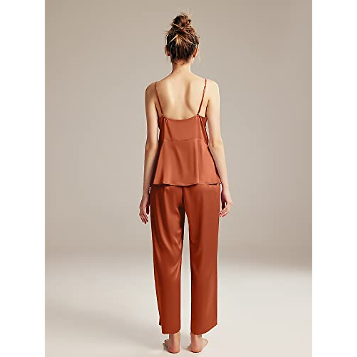 AW BRIDAL Satin Pajamas Set Sexy Silk Sleeveless Pjs Set Soft Camisole Tops and Pants 2 Pieces Sleepwear for Women Bride, Burnt Orange L