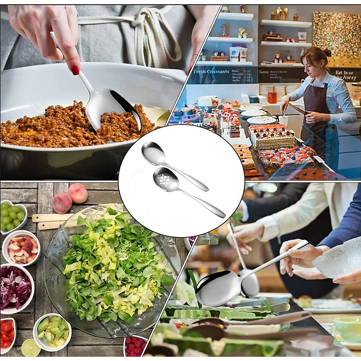 Serving Spoons,ToppingBest Slotted Spoon 304 Stainless Steel Soup Spoons for Buffet Party Restaurant Banquet Metal Comically Large Spoon,Serving Utensils Dishwasher Safe (Silver)