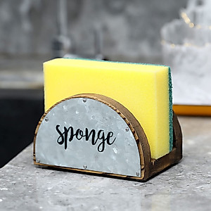 MyGift Burnt Wood Semicircle Kitchen Sink Sponge Holder with Galvanized Metal and Black Sponge Cursive Lettering