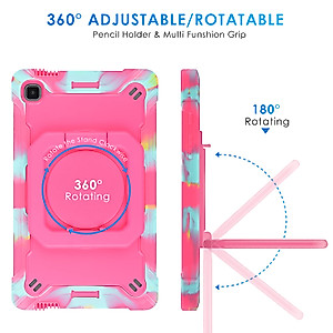 DETUOSI Case for Samsung Tab A7 Lite 8.7 inch 2021 Release SM-T220/T225/T227u, Shockproof Protective Cover for Galaxy Tab A7 Lite 8.7 inch (360°Rotatable Stand & Shoulder Strap), Camouflage Rose Red