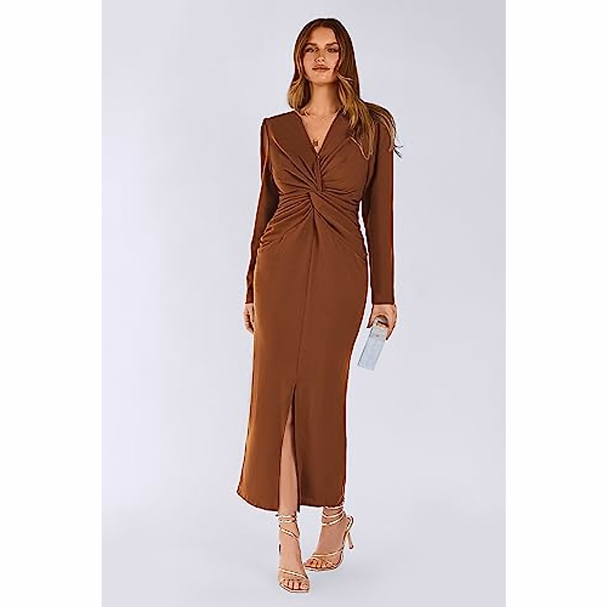 PRETTYGARDEN Women's Spring Fall Fashion Long Puff Sleeve Maxi Dresses V Neck Twist Front Formal Dress with Slit (Coffee,Large)