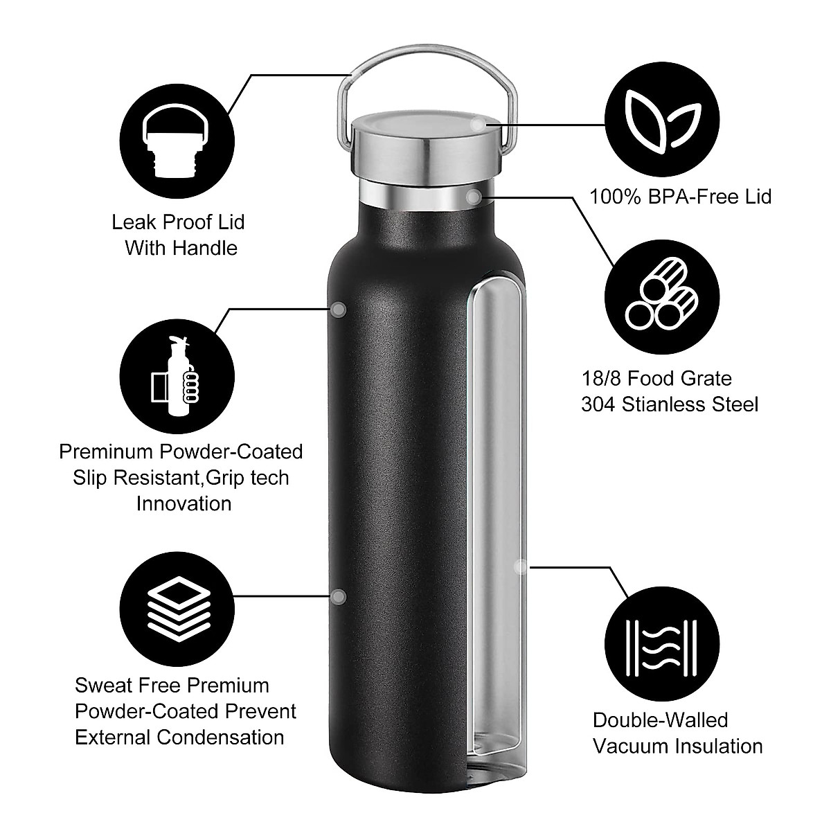 Neihepal Insulated Water Bottles Bulk 16 Pack,Stainless Steel Double Wall Sport Bottle with Lid of Handle,Metal Reusable Thermoses Flask with Cup Cap for School,Hikers,Gift (Black,Set of 16)