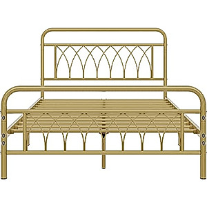 Topeakmart Metal Full Bed Frame Platform Bed with Petal Accented Headboard and Footboard, Ample Under-Bed Storage, Heavy Duty Steel Slat Support, No Box Spring Needed, Antique Gold