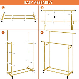 Calmootey Double Rod Clothing Garment Rack,Rolling Hanging Clothes Rack,Portable Clothes Organizer for Bedroom,Living Room,Clothing Store,Gold