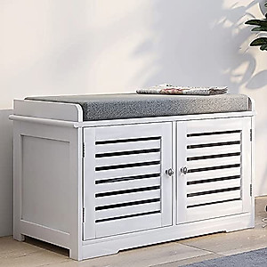 RASOO Shoe Storage Benches White Shoe Rack Bench with 2 Doors & Padded Seat Cushion in Grey Shoe Cabinet Shoe Entryway Bench with Shoe Organizer