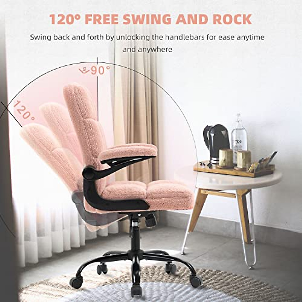 SEATZONE Pink Home Office Desk Chairs with Flip-up Armrest, Faux Fur, Fuzzy Computer Rolling Chair with Wheels, Adjustable Backward Tilt