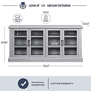 BELLEZE 70 Inch Sideboard Buffet Cabinet, Entertainment Center with Storage, Glass Display Cabinet with Adjustable Shelves Console Table Storage Cabinet for Living Room, Dining Room, Stone Gray