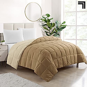 SHARPER IMAGE All Season Down Alternative Box Stitch Reversible Comforter, King, Tan