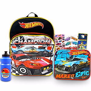 Hot Wheels Backpack with Lunchbox Set for Boys Kids ~ 2 Pc Bundle with Deluxe 16" Hot Wheels Racecar Backpack and Insulated Lunch Bag with Stickers, Tattoos, and More (Hot Wheels School Supplies)