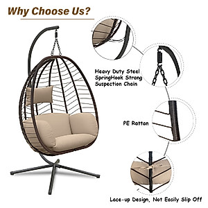 Delnavik Egg Chair with Stand Hammock Chair Wicker Rattan Patio Hanging Egg Chair, Indoor Outdoor Swing Egg Chair with Cushion Headrest for Patio Bedroom Porch Garden Balcony, Sand
