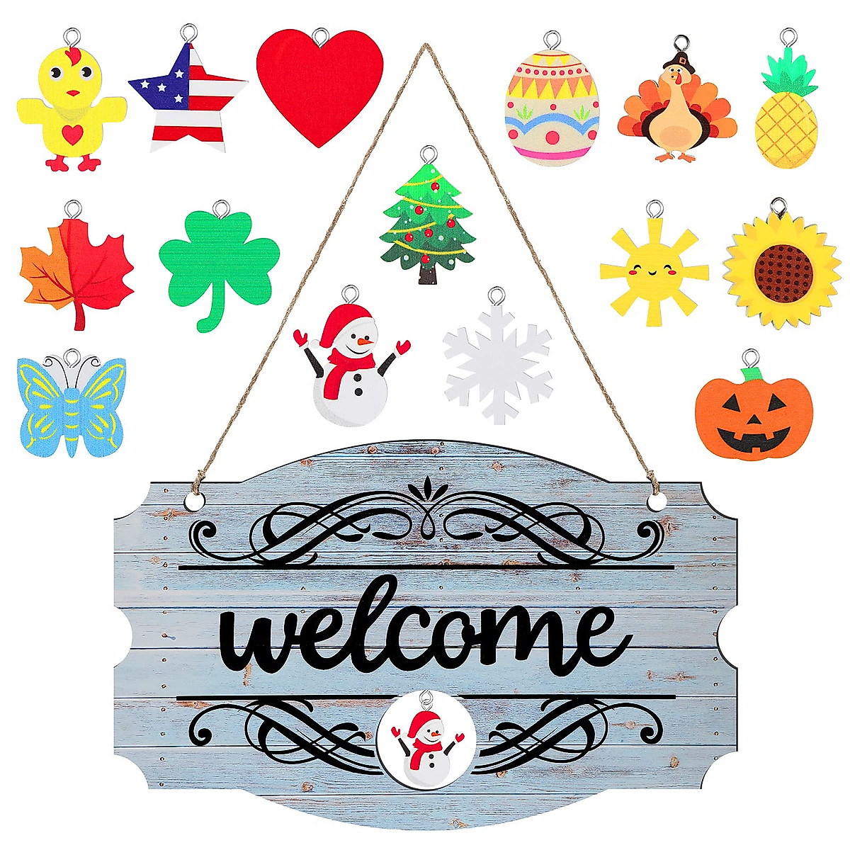 Jetec Welcome Door Sign Christmas Decor Fall Sign Seasonal Front Door Rustic Wood Welcome Notation Wall Hanging Porch Easter Interchangeable 14 x 9 Inch(White with Black Letters)