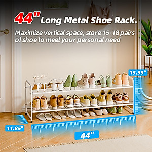 MWQ 2 Tier Metal Shoe Rack Organizer for Closet, 44" w Long Free Standing Shoe Storage Shelf for Entryway, Hallway, White
