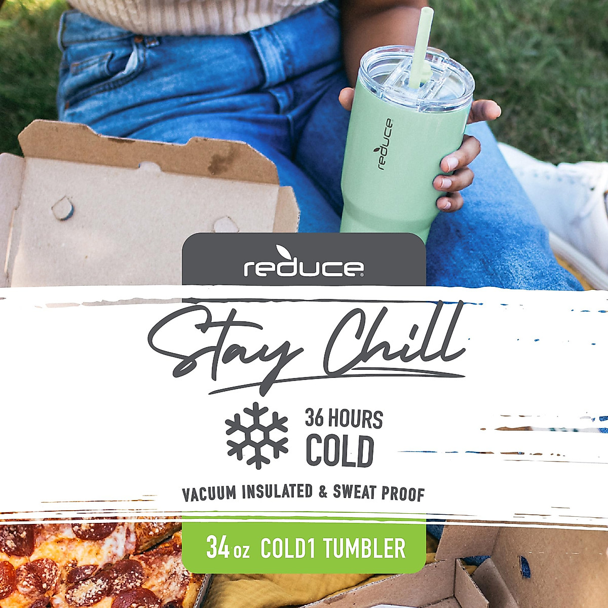 REDUCE Cold1 34 oz Tumbler with Lid and Straw- Vacuum Insulated Stainless Steel Water Bottle for Home, Office or Car; Reusable Cup with Leakproof Flip Lid, Keeps Drinks Ice Cold All Day- Matte Phantom