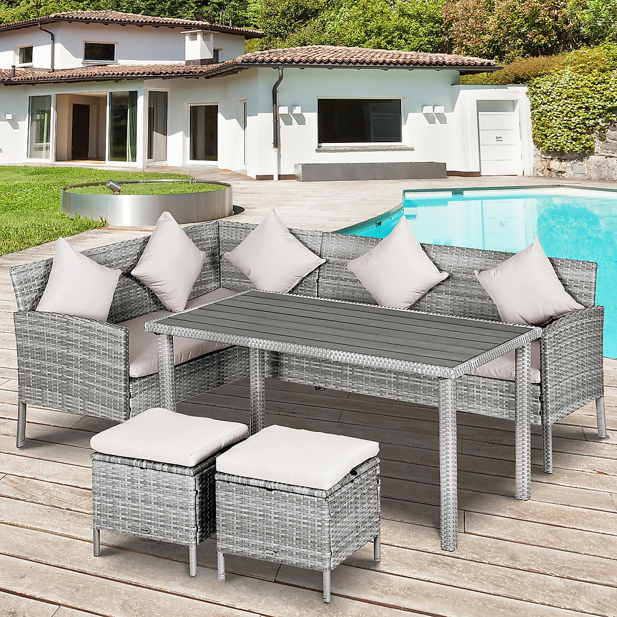 Outsunny 5 Piece Patio Furniture Set, Outdoor Dining Table Set with L-Shaped Sectional Sofa, 2 Ottomans, Outside Conversation Set with Cushions, Throw Pillows, Beige