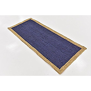 Unique Loom Braided Jute Collection Classic Quality Made Natural Hand Woven with Solid Color Detail, Area Rug, Runner 2' 6" x 6' 0", Navy Blue/Tan