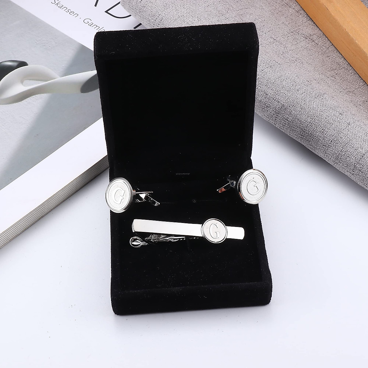 THUNARAZ Initial Cufflinks and Tie Clip Set for Men Personalized Alphabet A-Z Cuff Links and Tie Bar with Gift Box for Business Wedding Shirts Suits