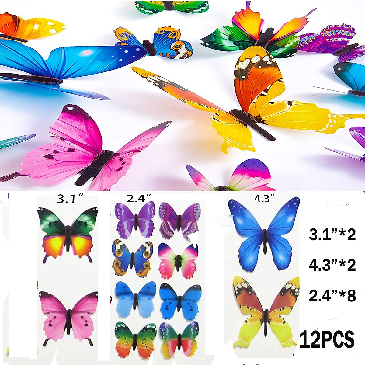 3D Butterfly Stickers, Glow in The Dark Butterfly Decals for Ceiling or Wall Decor, Adhesive 12pcs Butterflies for Kids Bedroom Nursery Living Room, Create a Realistic Butterflyry Home
