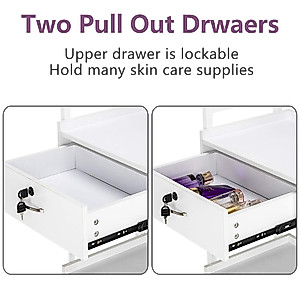 Salon Trolley Cart for Beauty SPA, Wooden Rolling Storage Station, White Mobile Utility Cabinet with 2 Drawers 1 Lockable, Medical Esthetic Supply Holder for Massage Tattoo Facials