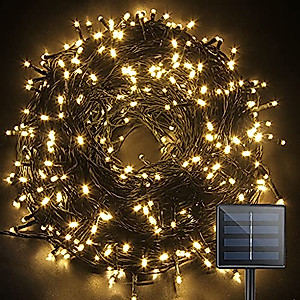 OZS-105FT 300LED Warm White Solar Christmas String Lights Outdoor, Waterproof 8 Modes Green Wire Christmas Tree Lights for Garden, Christmas Decorations (Warm White)