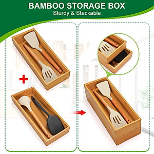 Lixple Bamboo Kitchen Drawer Organizer, Stackable Utensil Holder Silverware Organizer Cutlery Tray - 2PCS Organizer Bins for Makeup Jewelries Flatware in Bathroom, Office Desk, Cabinets, 15x6x2 inch