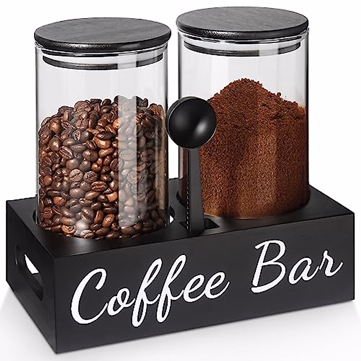 GMISUN Coffee Containers, 2Pcs 50oz Black Glass Coffee Bean Storage Canister with Airtight Lid, Coffee Sugar Container Set with Shelf, Scoop&Label, Coffee Jar for Coffee Bar Ground Coffee Sugar Tea