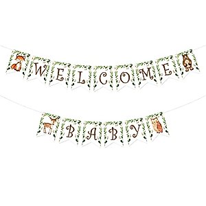 LAVVICHA Baby Shower Welcome Baby Banner Woodland Animal Jungle Theme Bunting Party Boys Girls Baby Shower Decorations (Green)