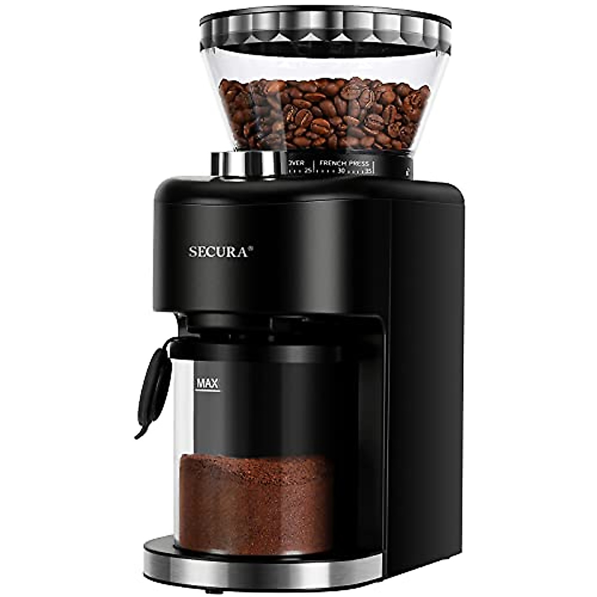 Secura Conical Burr Coffee Grinder, Adjustable Burr Mill with 35 Grind Settings, Electric Coffee Bean Grinder for 2-12 Cups, Black, Large