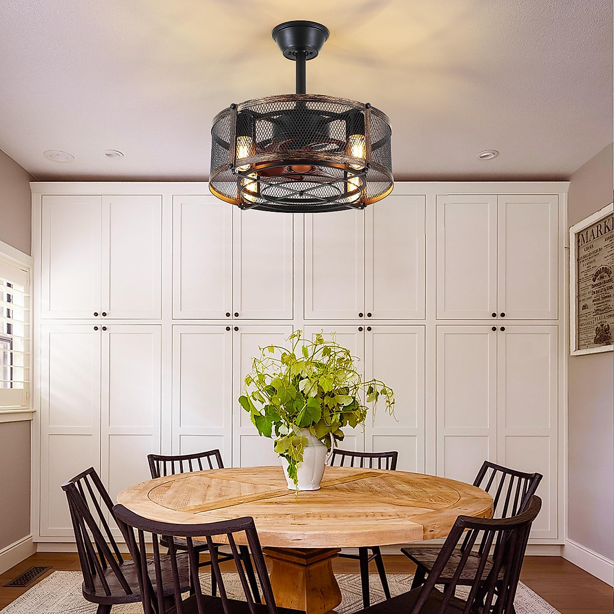 Dannilong Caged Ceiling Fans with Lights and Remote, Farmhouse Ceiling Fan with Light Bladeless, Small Ceiling Fan for Kitchen Bedroom Outdoor, 18 Inch Black Fandelier, Reversible Quiet Motor