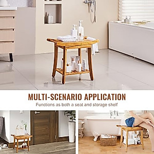 VEVOR Teak Shower Bench with Handles, 22in Waterproof Wood Shower Stool with Storage Shelf Non-Slip Feet, 300 lbs Load Capacity Shower Chair Seat, for Bathroom Indoor and Outdoor Use