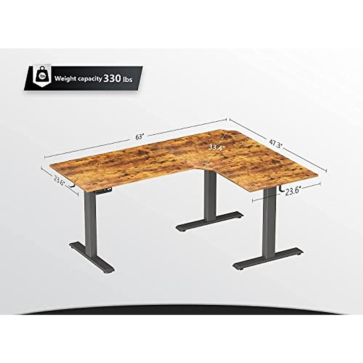 FEZIBO Triple Motor L-Shaped Electric Standing Desk, 63 Inches Height Adjustable Stand up Corner Desk, Sit Stand Workstation with Splice Board, Black Frame/Rustic Brown Top