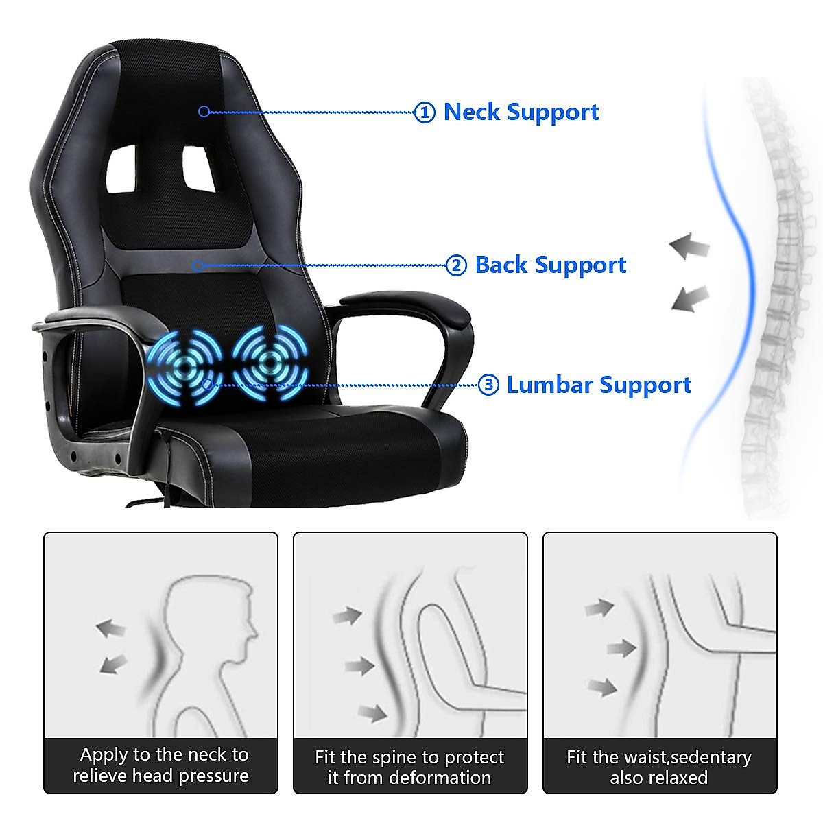 Gaming Chair Computer Chair Office Chair Ergonomic High Back Massage PC Desk Chair with Lumbar Support & Padded Armrest Racing Style Cheap Adjustable Swivel Chair for Women Men Adult, Black