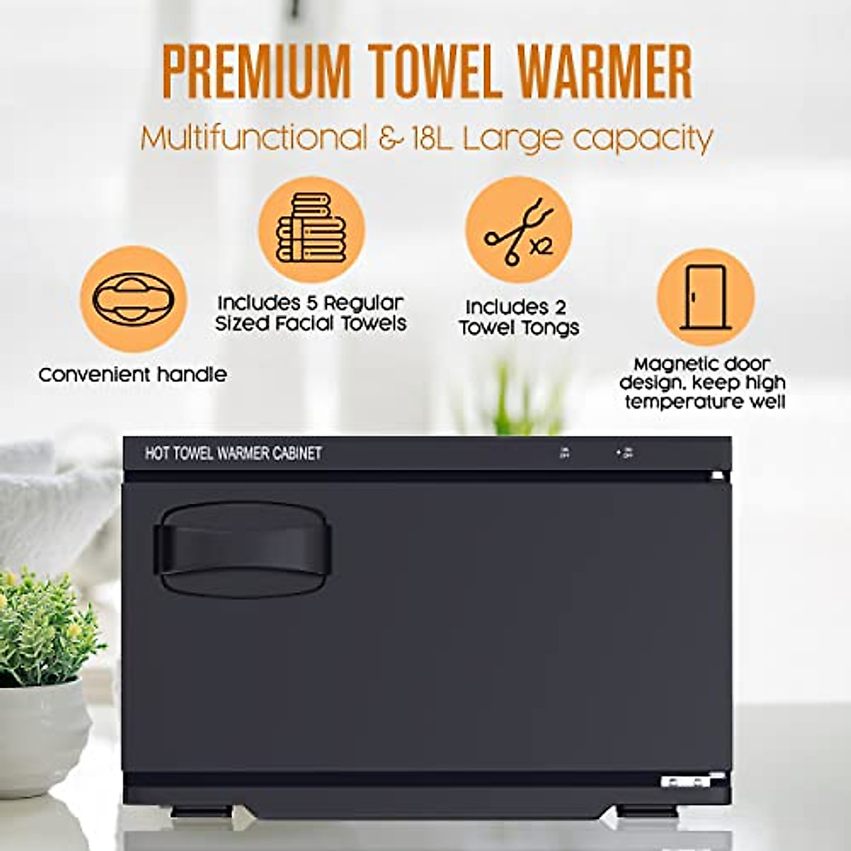 Houseables Hot Towel Warmer Cabinet, UV, 11” x 17”, 1 Cabbie, 2 Pairs of Tongs, 5 Towels, Black, Metal, Cotton, Steamer, Light, For Spa, Salon, Barber, Facial, Massage, 18L