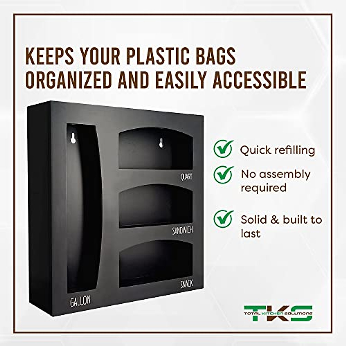 Ziplock Bag Organizer, Bamboo Kitchen Drawer Organizer, Drawer Divider for Snack, Sandwich & Gallon Bags, Kitchen Organizer with 60 Zip Lock Bags, 12x12 inch Box, Black -Total Kitchen Solutions