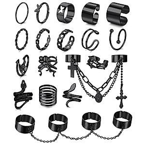FIBO STEEL 18PCS Gothic Punk Chain Finger Rings for Women Men Y2K Black Stackable Rings Snake Chain Rings Open Adjustable Knuckle Emo Rings Punk Gothic Jewelry