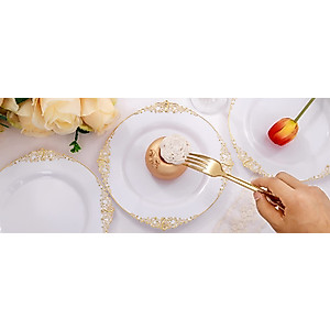 Nervure 100PCS White and Gold Plastic Plates - 7.5inch Gold Disposable Plates - Heavyweight Gold Plastic Plates - Gold Dessert Plates for Wedding & Party & Christmas