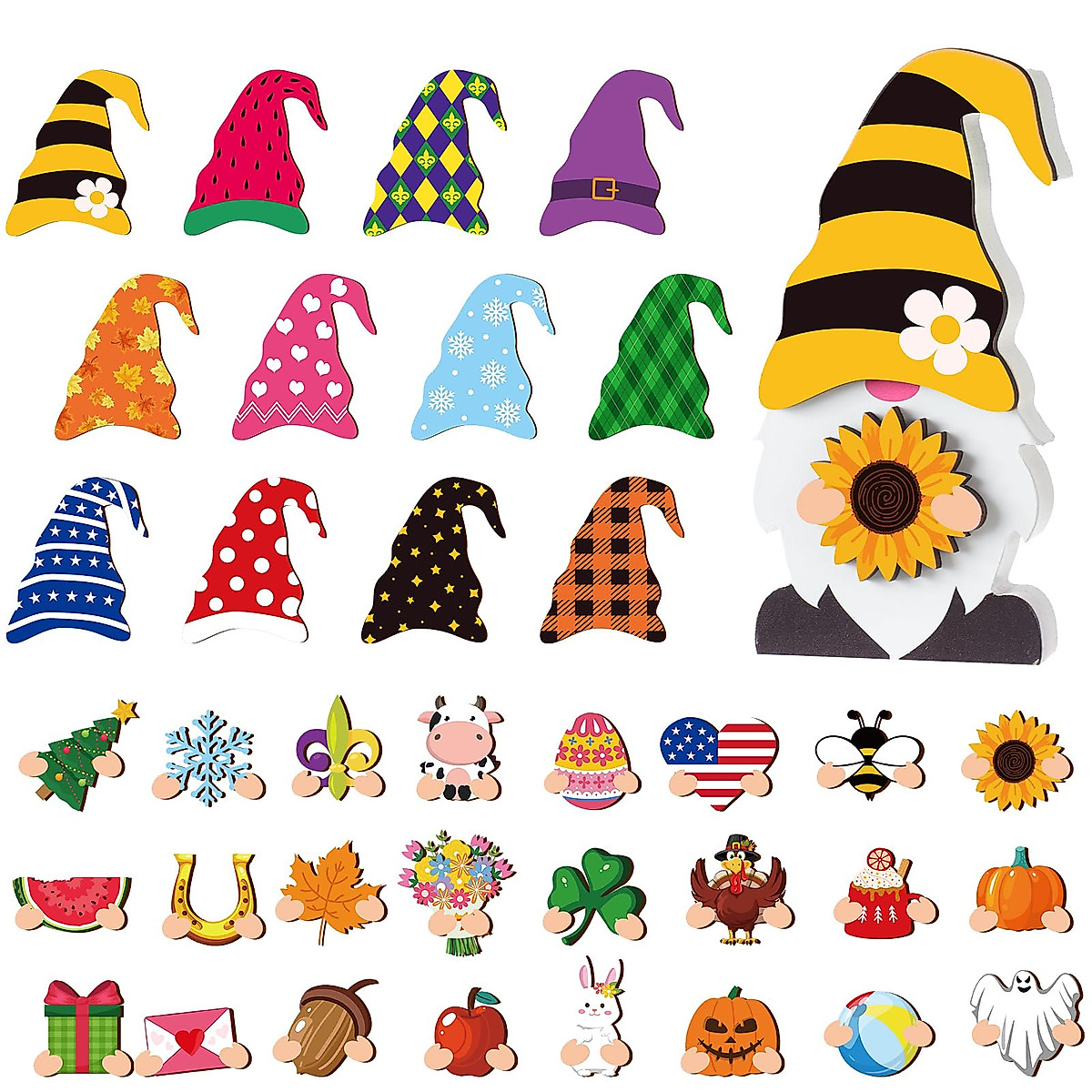 Thyle 37 Pcs Christmas Interchangeable Wooden Gnome Decor DIY Holiday Winter Seasonal Tiered Tray Decoration with Magnet Pieces Welcome Sign for Xmas Decorations