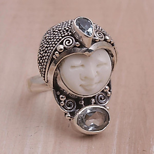 NOVICA Artisan Handmade Blue Topaz Cocktail Ring 925 Silver Face Shaped from Bali Bone Sterling Indonesia Birthstone [crownbezel 1 in H x 0.7 in W x 0.4 in D Band Width 4 mm W] ' Moonlight Prince'