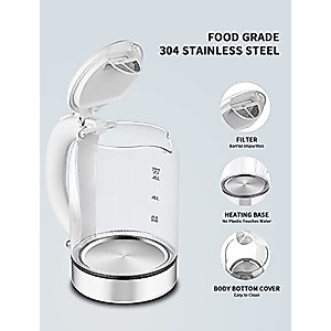 Electric Kettle, Gevi 1.7L Glass Tea Kettle - Water Boiler with LED Light Glass Kettle Electric (BPA Free) with Auto Shut-off & Boil-dry Protection - 1500W Cordless Electric Kettle, White