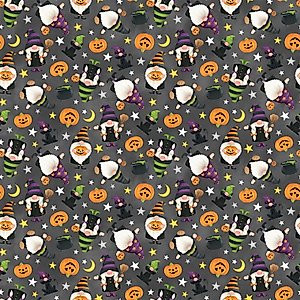 FlashPhoenix Quality Sewing Fabric – Halloween Fabric Gnomes Night Out Pumpkin Star Toss Gray Size; 36" x 44" (by The Yard)