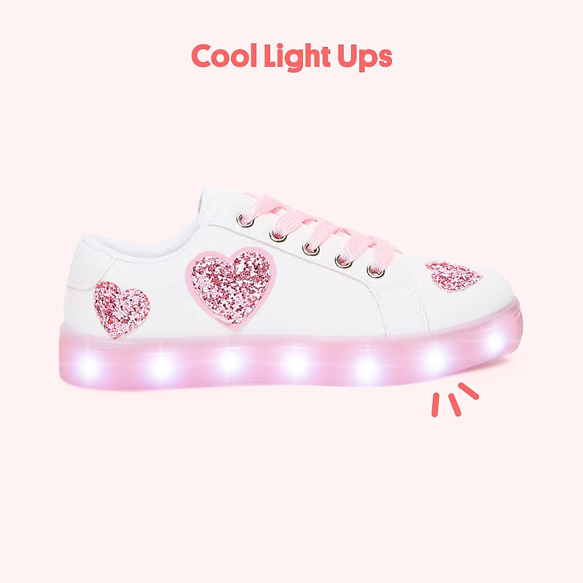 FabKids Girls Light Up Sneakers Glitter Heart White Shoes Low Top Lace Up Tennis Sneaker for Little Kid Size 2