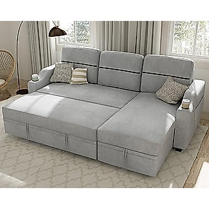 Ucloveria Sectional Sofa Couch, 82" Sleeper Sofa Bed with Reversible Storage Chaise Pull Out Couch Bed for Living Room L-Shape Lounge 2 in 1 Futon Sofa with Two Cup Holder, Grey