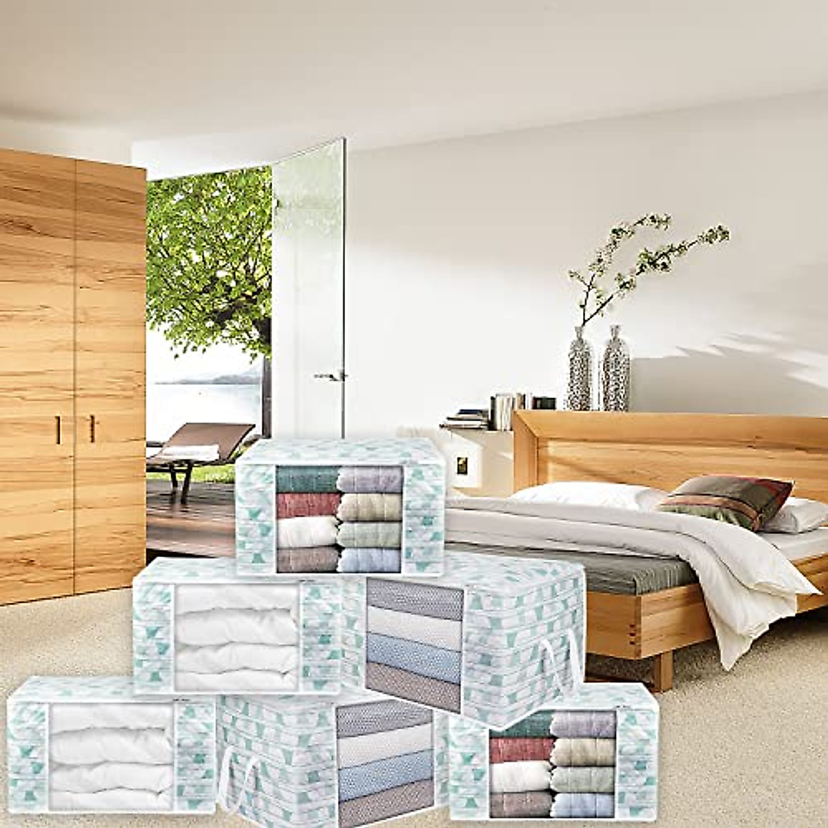 95L Large Storage Bags, 6 Pack Clothes Storage Bins Foldable Closet Organizers Storage Containers with Durable Handles Thick Fabric for Clothing, Comforter, Blanket,Bedding and Toys (Green)