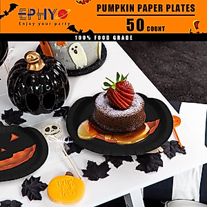 EPHYO 50Count Halloween Paper Plates 10.24 x 10in Disposable Party Supplies Black Pumpkin Dessert Dinner Birthday Party Decorations Cake Appetizer Cute Dinnerware Tableware for Kids