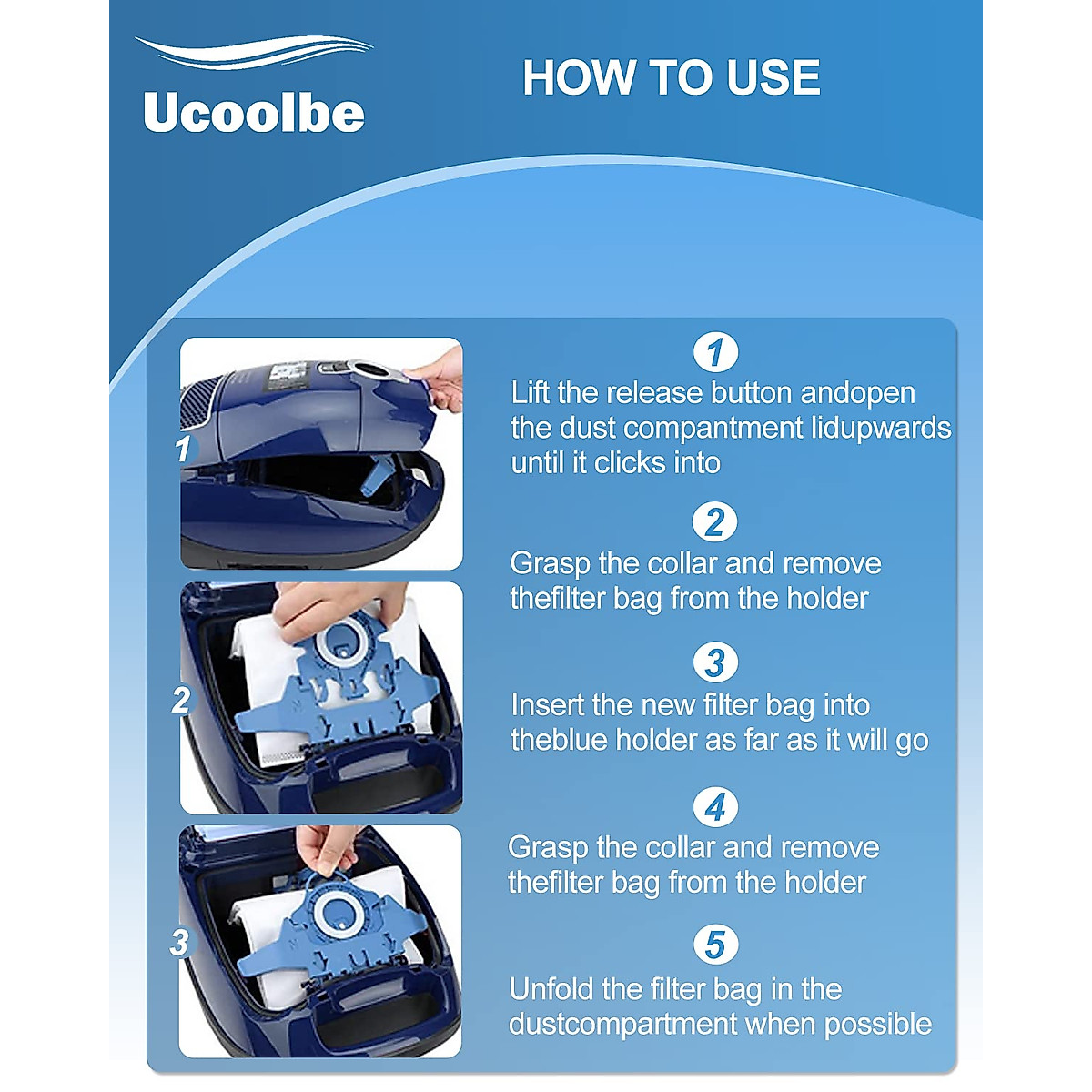 Ucoolbe GN 3D Vacuum Cleaner Bags Replacement for Miele GN Airclean Classic C1 Complete C1 C2 C3 S227 S240 S270 S400 S2 S5 S8 Series Includes 3D GN Dust Bags 6 Pack with 2 Pairs Filters