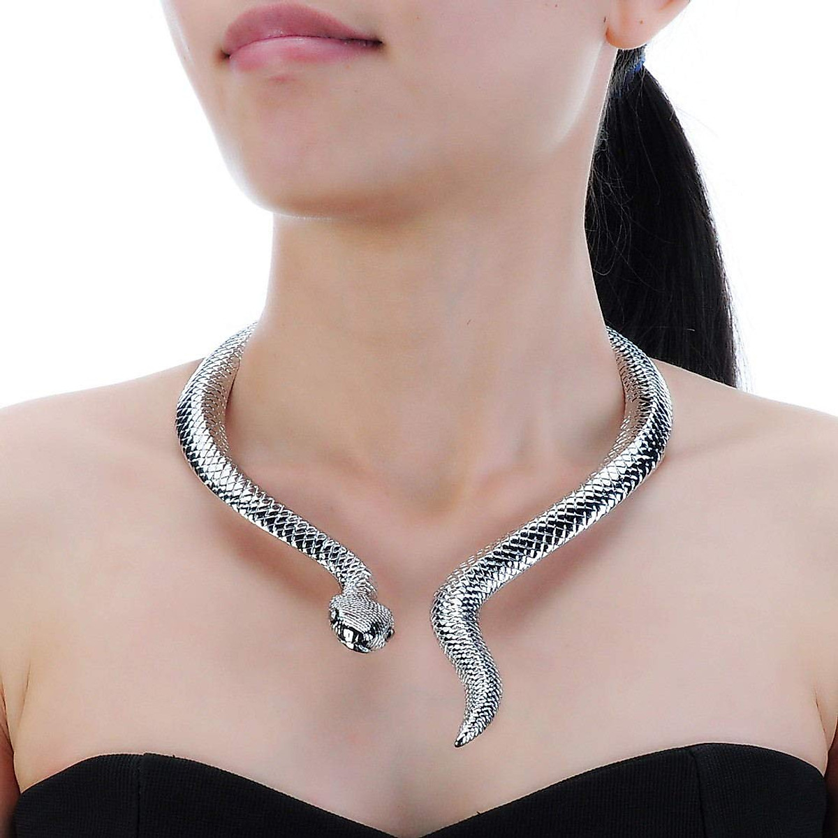 Jerollin Vintage Exaggerated Alloy Choker Silver Snake Adjustable Collar Collar Necklace
