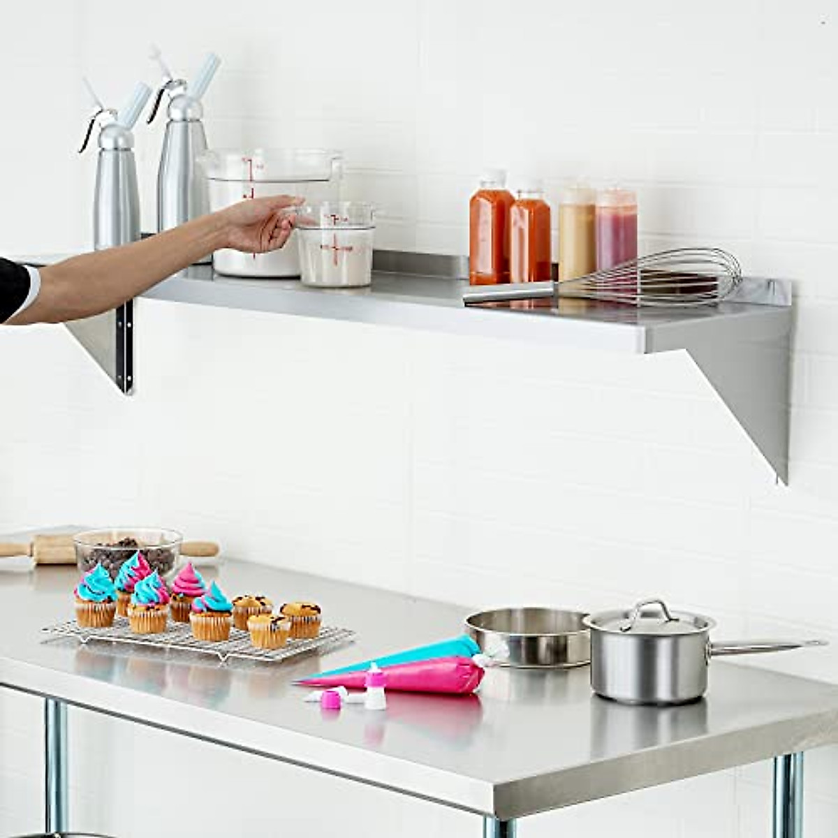 Restaurantware Kitchen Tek 12 x 60 Inch Restaurant Shelf 1 Heavy-Duty Stainless Shelf - 214-lb. Capacity Smooth Edges Stainless Steel 430 Commercial Shelf Easy To Clean Includes 2 Support Brackets